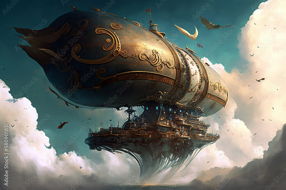 Fantasy airship that shows a majestic airship soaring through the ...