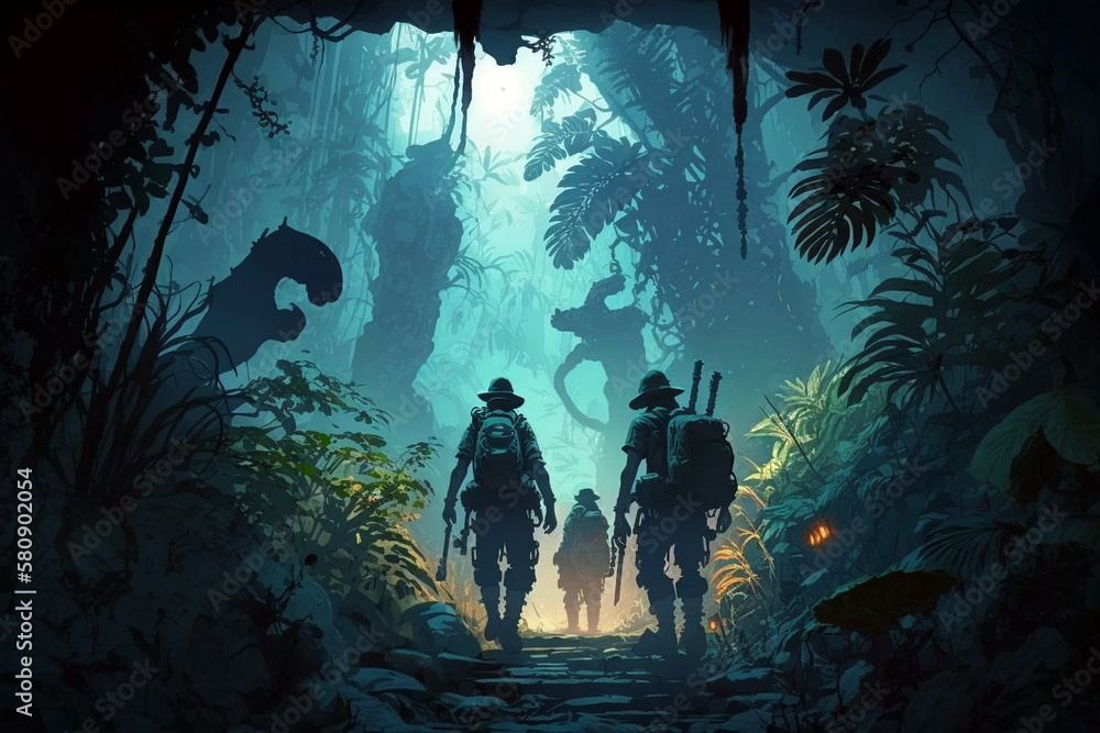 A team of explorers venturing through a dense jungle, encountering ...