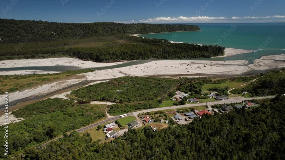 Picturesque and wild aerial scenic of Bruce Bay settlement on New ...
