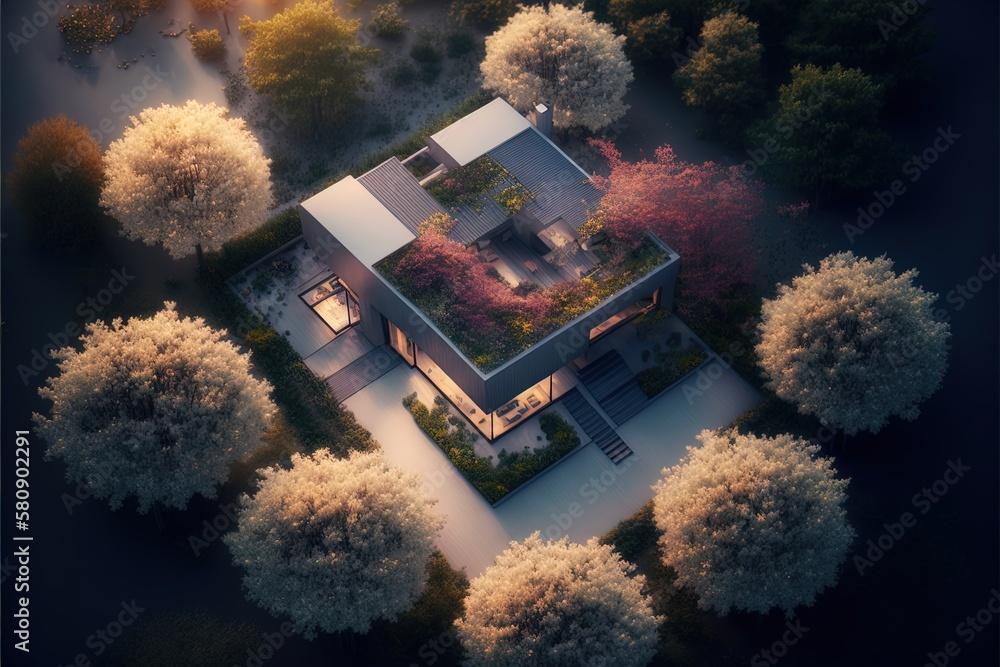 Futuristic modern family home from above surrounded by much green in 8K ...