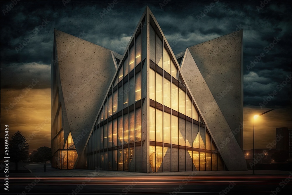 Building façade with modern triangle form design with concrete, glass ...