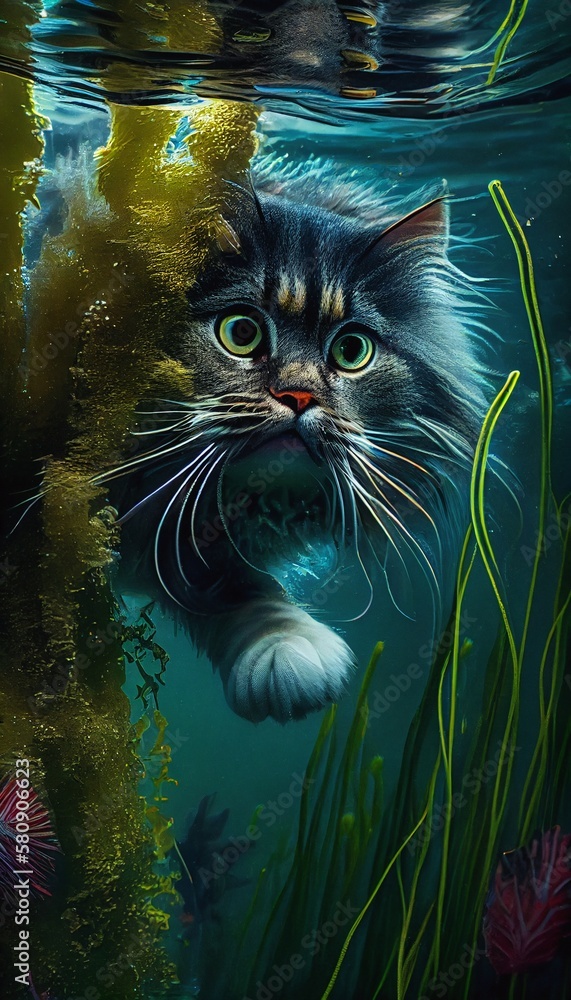 cat swimming deep high dark furry fish under sea stalking seductive ...
