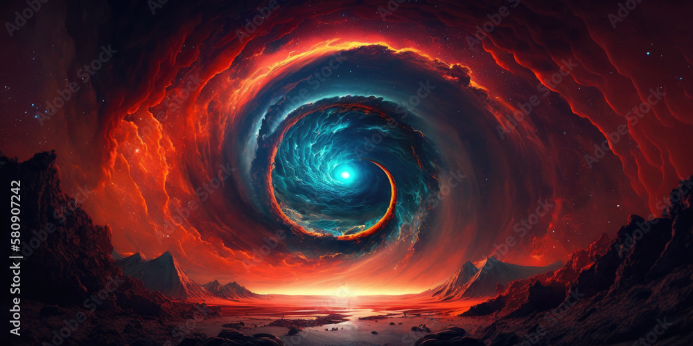 Interdimensional portal rift aurora opening in space over rugged winter ...