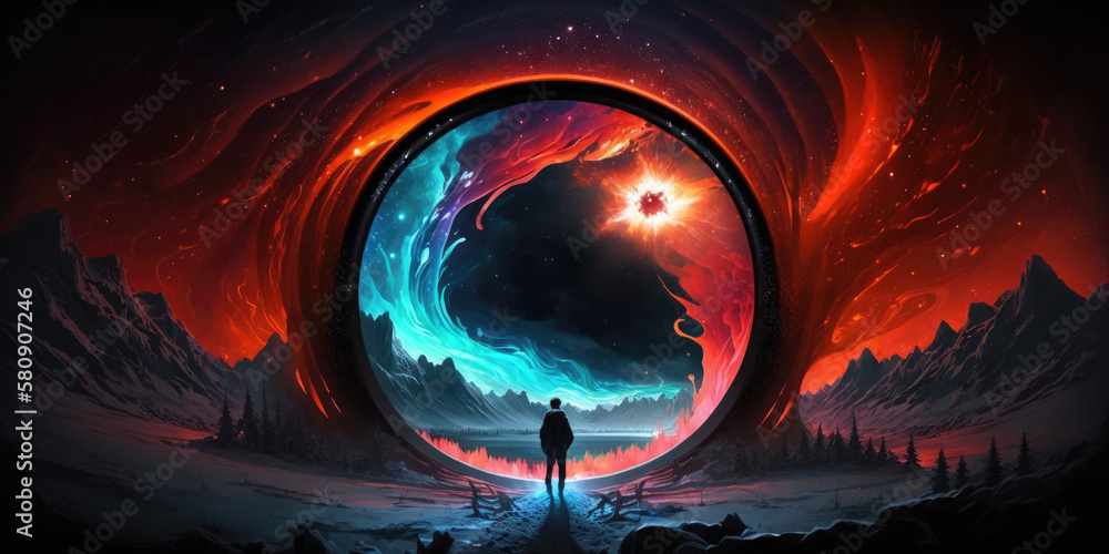 Interdimensional portal rift aurora opening in space over rugged winter ...