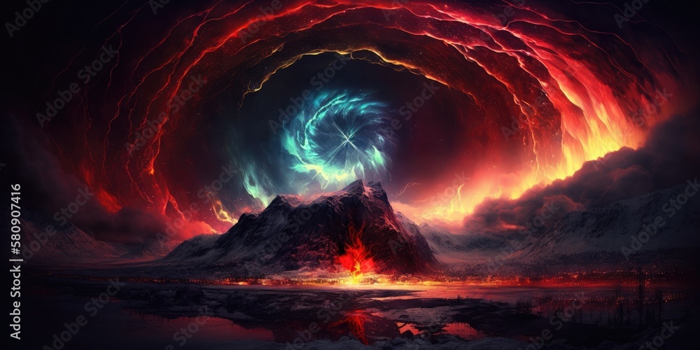 Interdimensional portal rift aurora opening in space over rugged winter ...