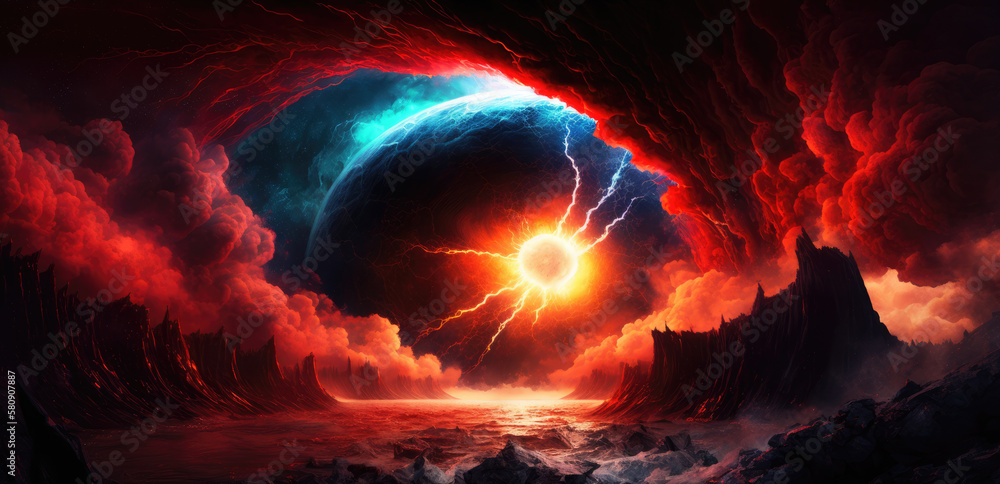 Interdimensional portal rift aurora opening in space over rugged winter ...