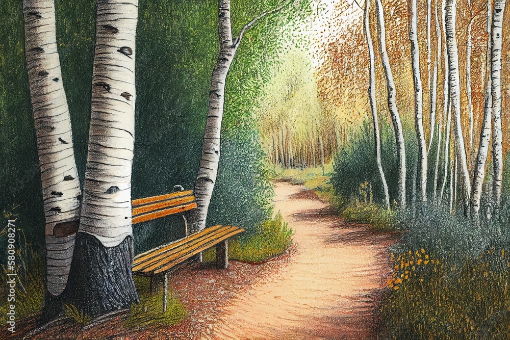 painting middle forest colored pencil illustration alain pathway birch ...