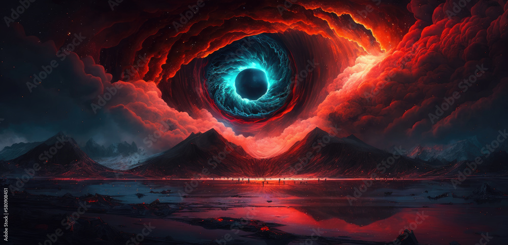 Interdimensional portal rift aurora opening in space over rugged winter ...