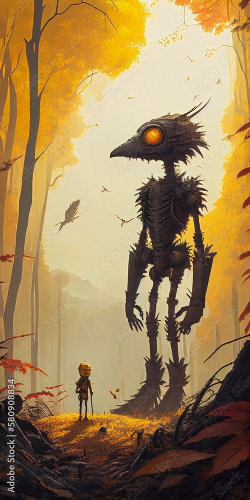 man standing next giant robot forest anthropomorphic bird horror ...