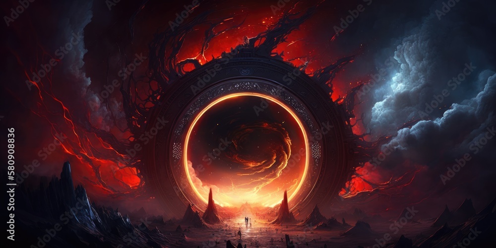 Interdimensional portal rift aurora opening in space over rugged winter ...