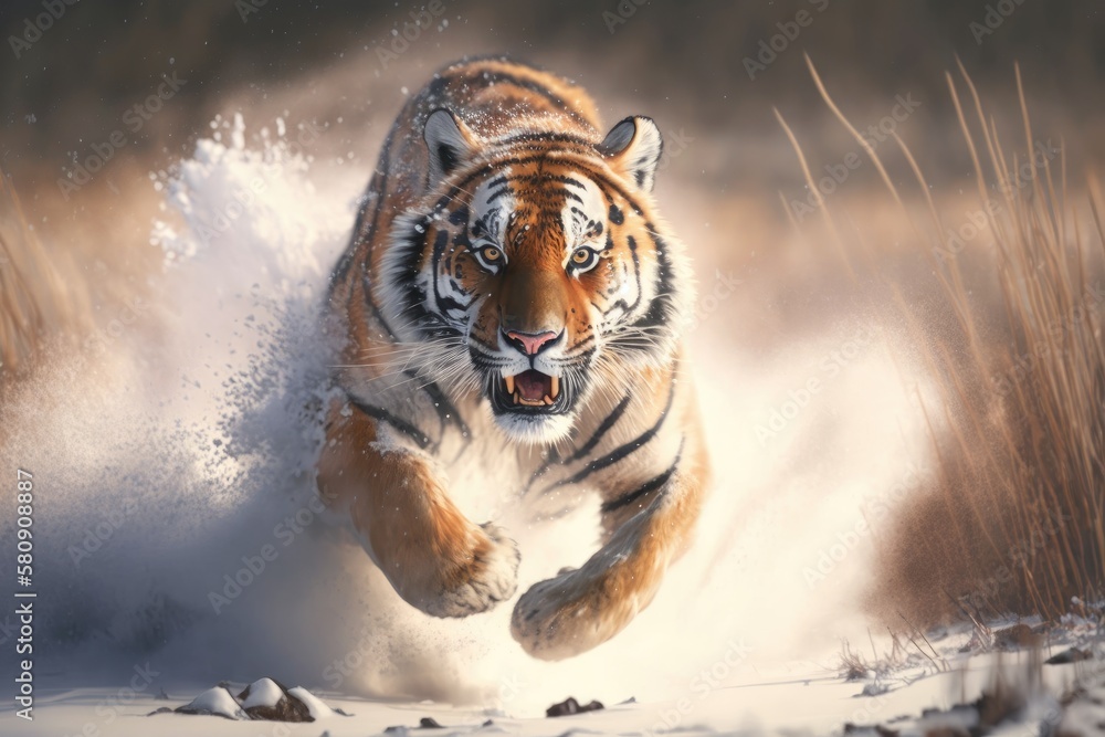 Tiger running across the snow in a harsh winter landscape. nature ...