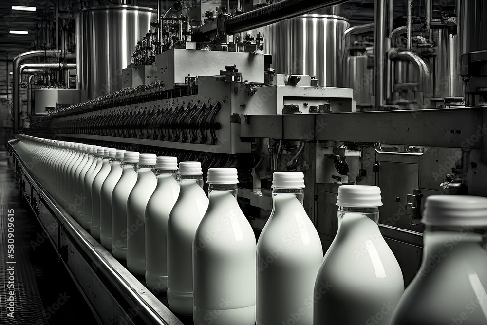 Glass bottles filled with fresh milk move along the production line at ...