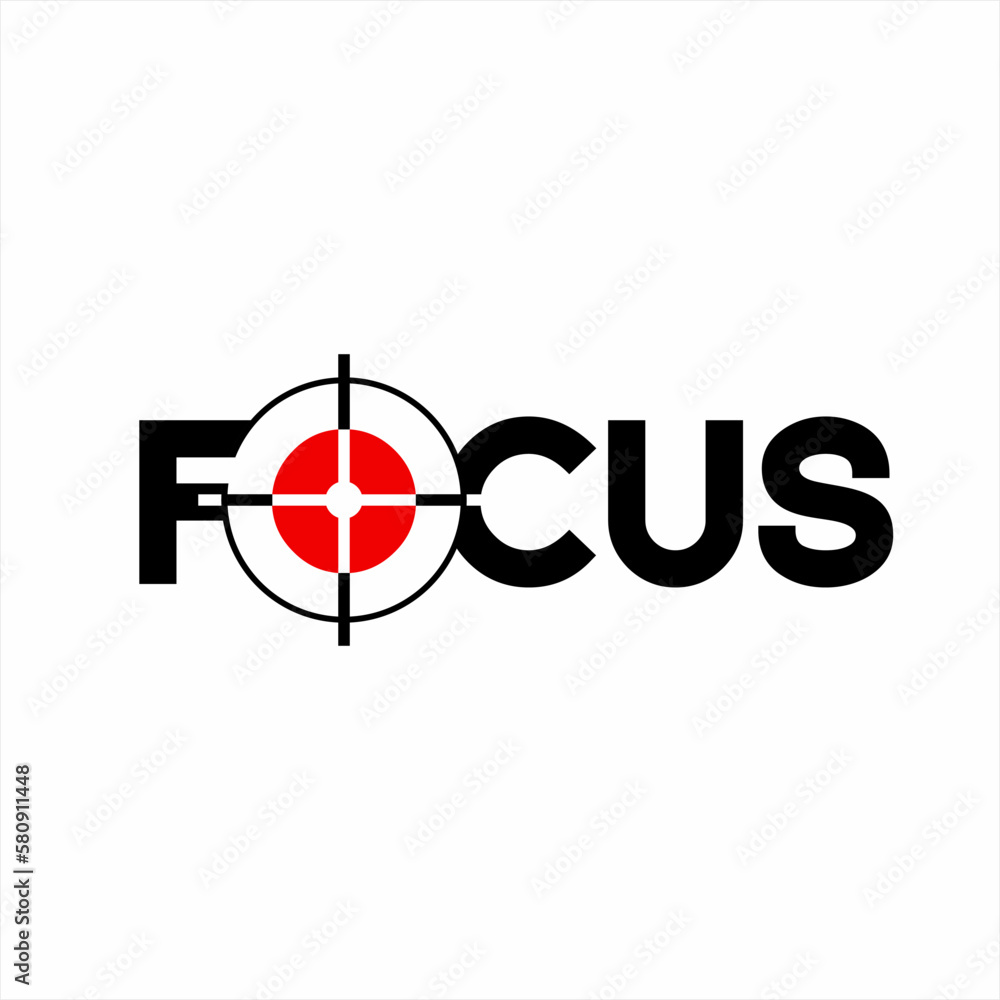 Focus word logo design with illustration of target symbol on letter O ...