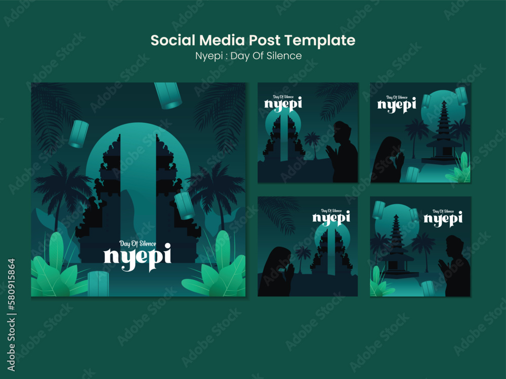 Happy Nyepi Day feed banner icon set for social media story set mockup template with green ...