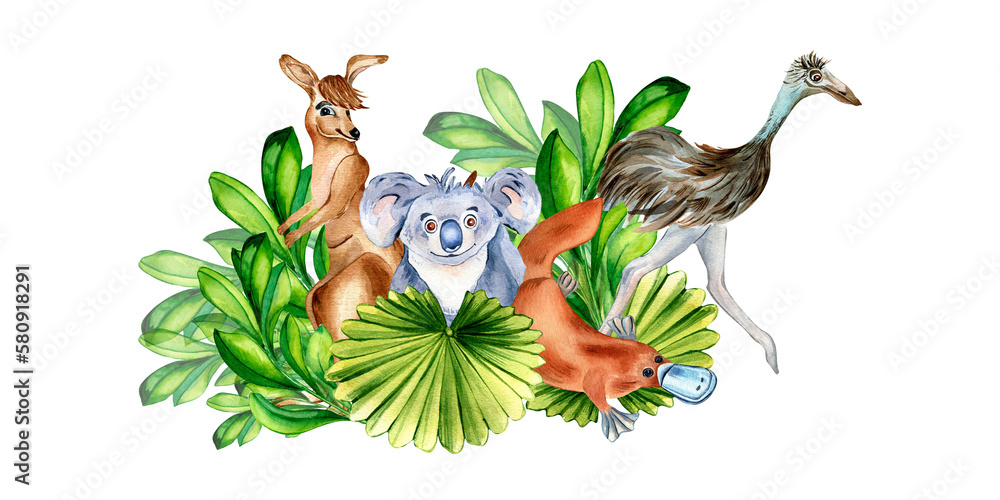 Composition of cartoon animals watercolor illustration isolated on ...