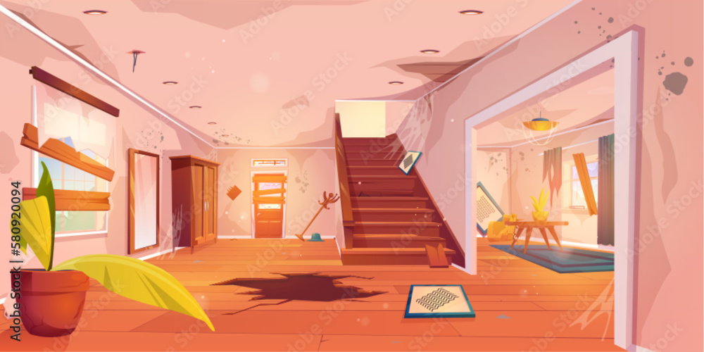 Abandoned cartoon house hallway and messy living room with broken ...