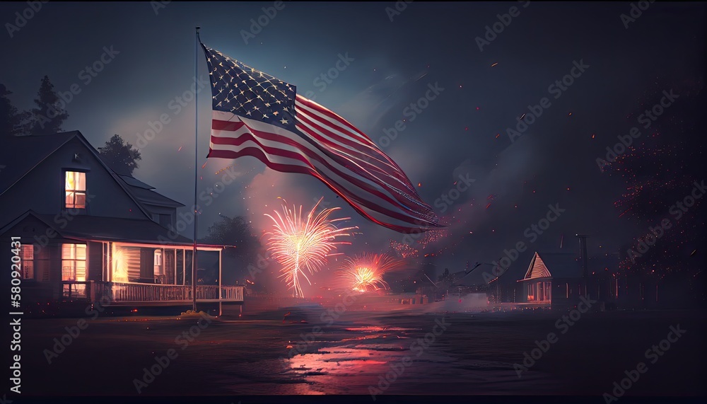 american flag waving in the air with fireworks and night scene view ...