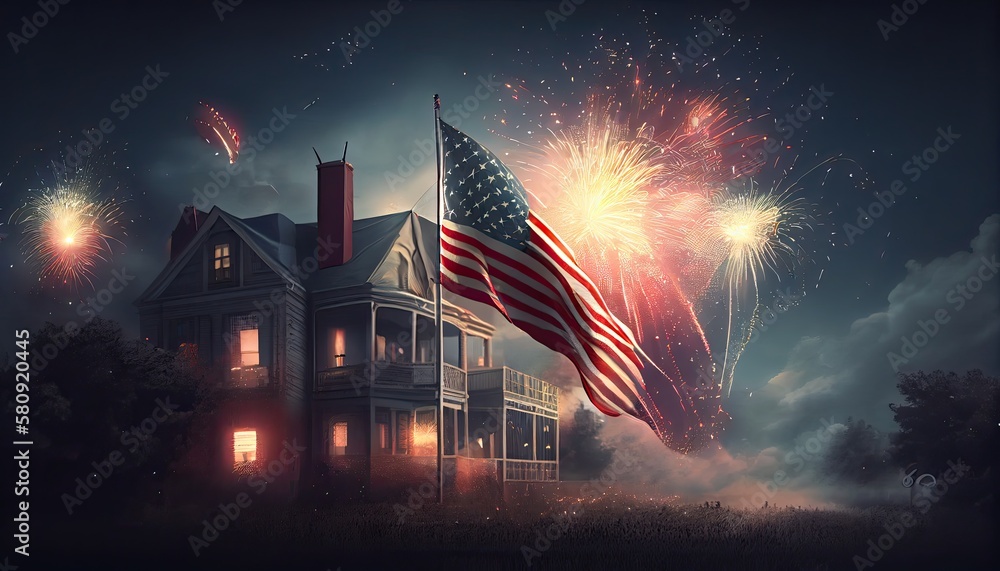 american flag waving in the air with fireworks and night scene view ...
