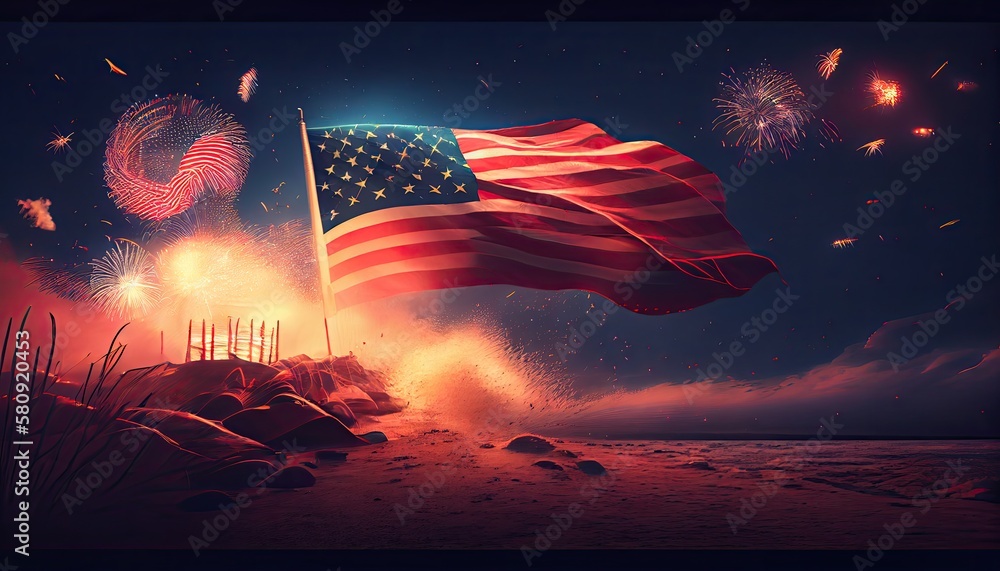 american flag waving in the air with fireworks and night scene view ...