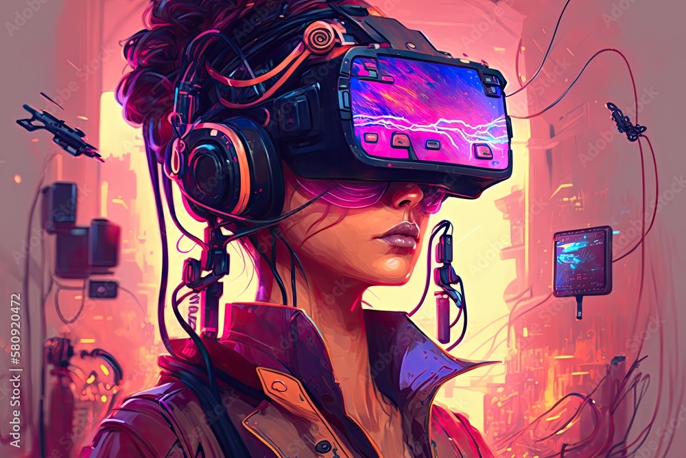 Virtual reality, illustration, cyberpunk, and metaverse vr simulation ...