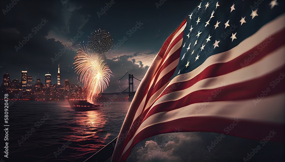 american flag waving in the air with fireworks and night scene view ...