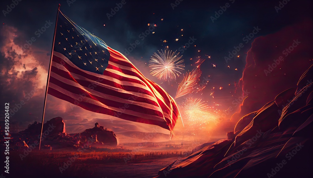 american flag waving in the air with fireworks and night scene view ...
