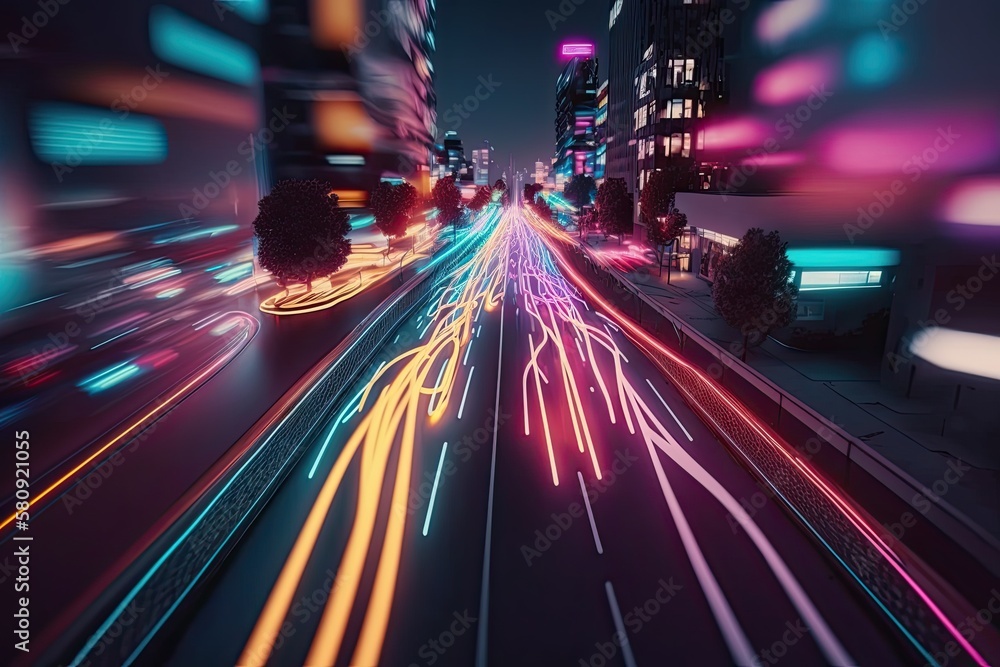 High speed data neon moving fast into smart city. Technology background ...