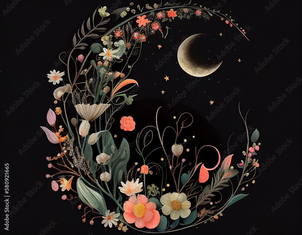 Beautiful whimsical moon on the black background made out of light, flowers and stars. Floral ...