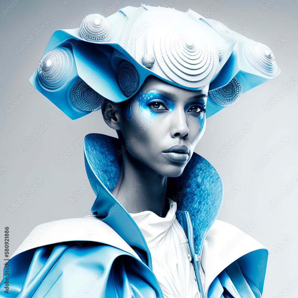 Beautiful alien model, somber, wearing , haute-couture, avant-garde ...