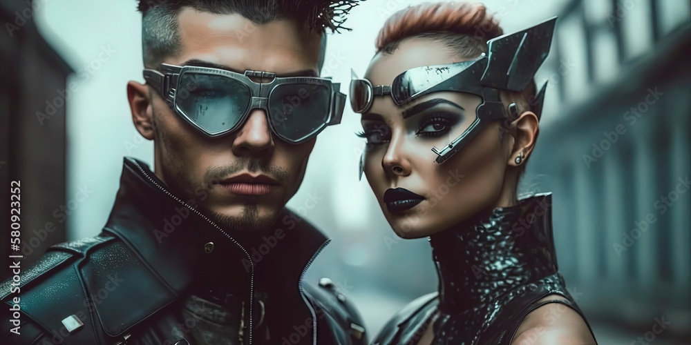 A gorgeous close-up portrait of a couple in a magical futuristic ...