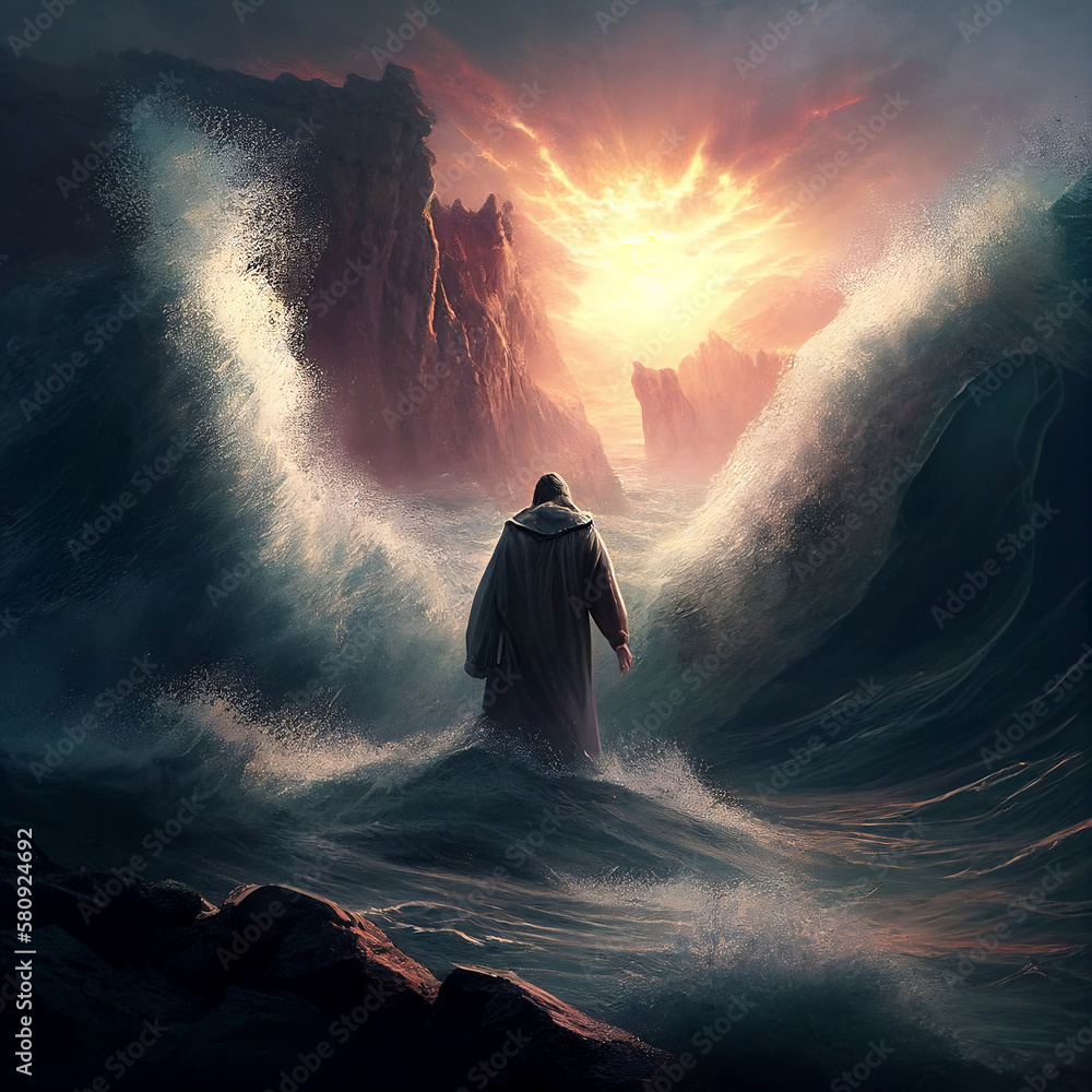 Jesus Christ walking into the ocean with the epic lighting in the sky ...