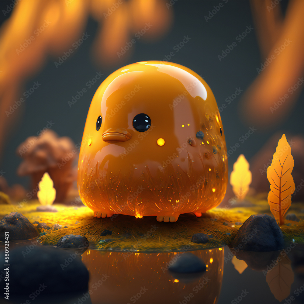 a cute fat small creature, glowing amber lightening, perfect scenery ...