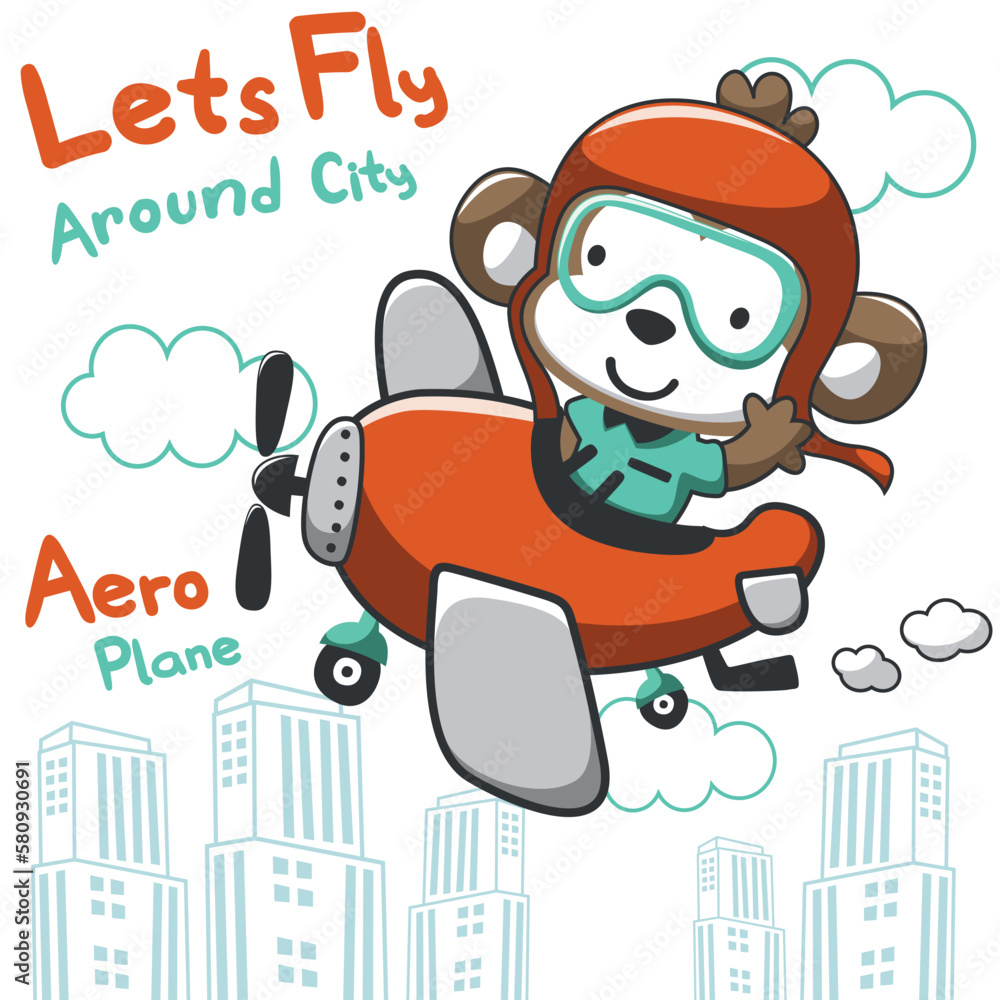 cute monkey flying on a plane. cartoon hand drawn vector illustration ...