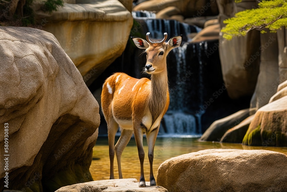 Miyajima Island, Japan; a herd of brown deer poses in front of a ...