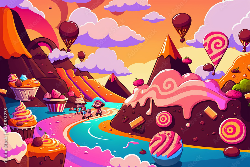 2D dessert chocalate mountain platformer level landscape, whipped cream ...