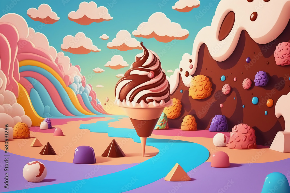2D dessert chocalate mountain platformer level landscape, whipped cream ...