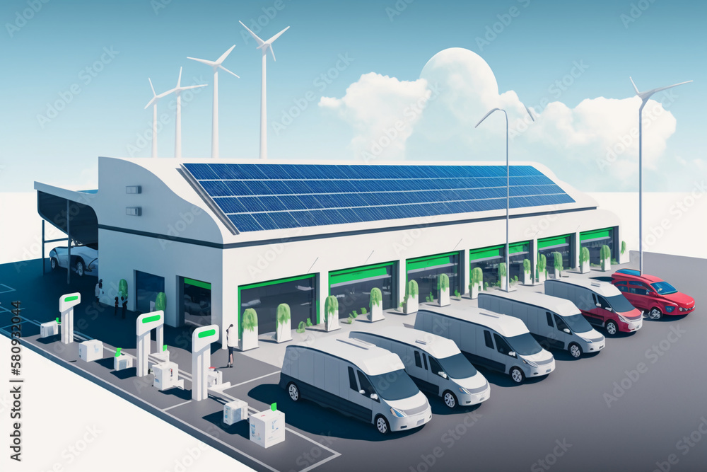 Company electric cars fleet charging on charger station at logistic ...