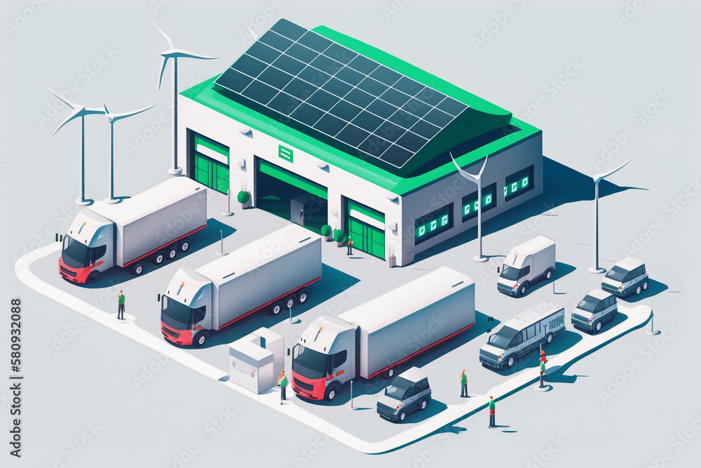 Company electric cars fleet charging on charger station at logistic ...