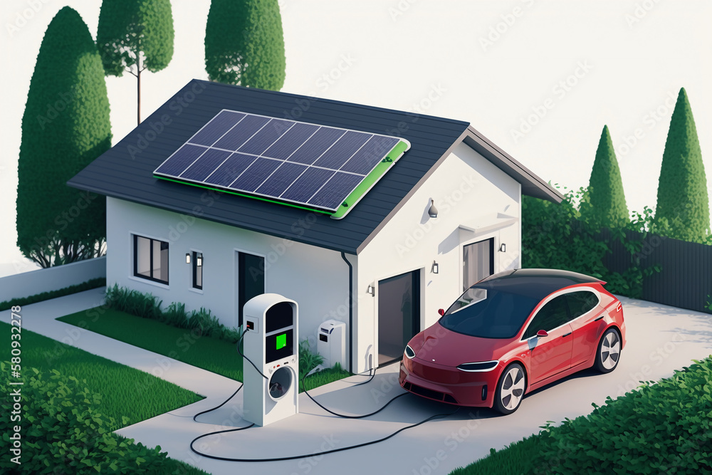 Electric car parking charging at home garage with green roof wall box ...