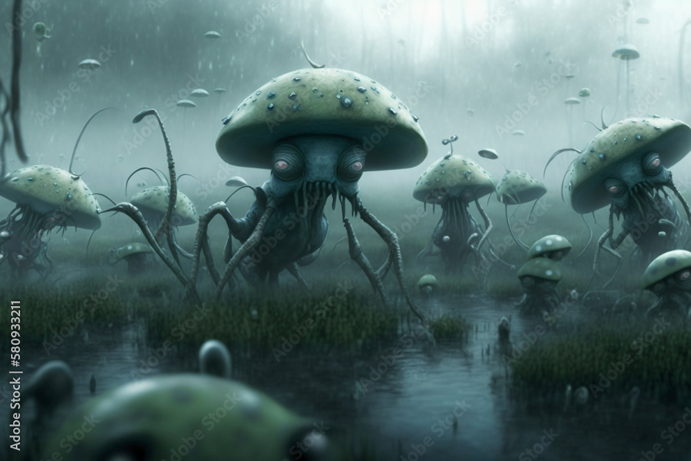 Invasion of hundreds tiny pygmy alien cthulhu mushroom swamp creatures ...