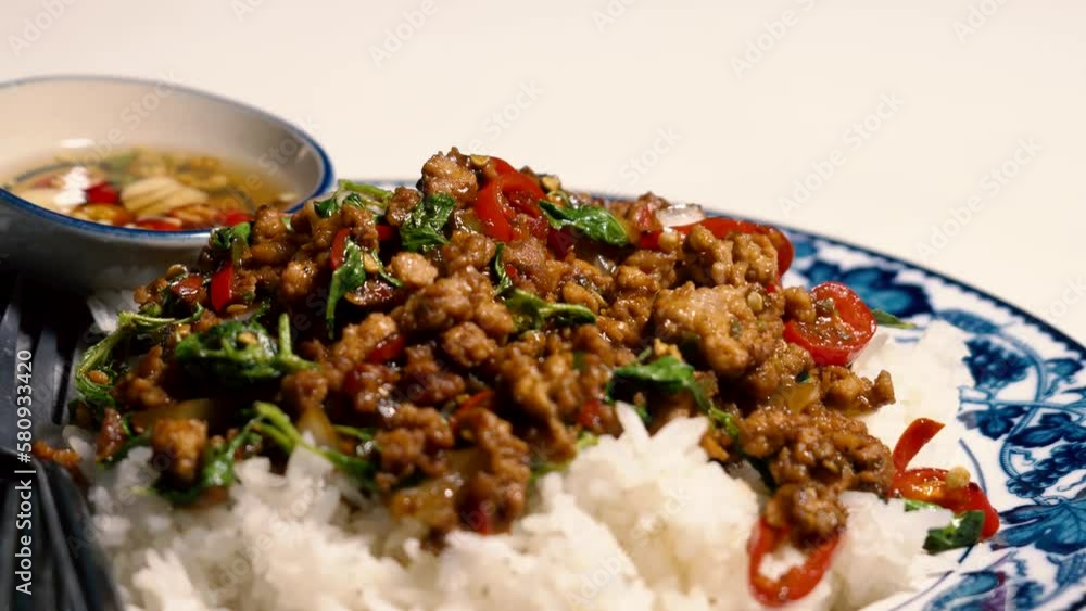 Stir fried Minced pork with basil,fast food Thai Style food. Thailand ...