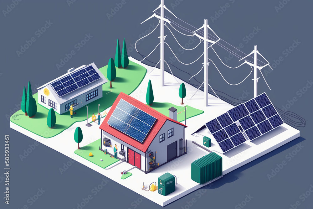 battery energy storage with house photovoltaic solar panels plant, wind ...