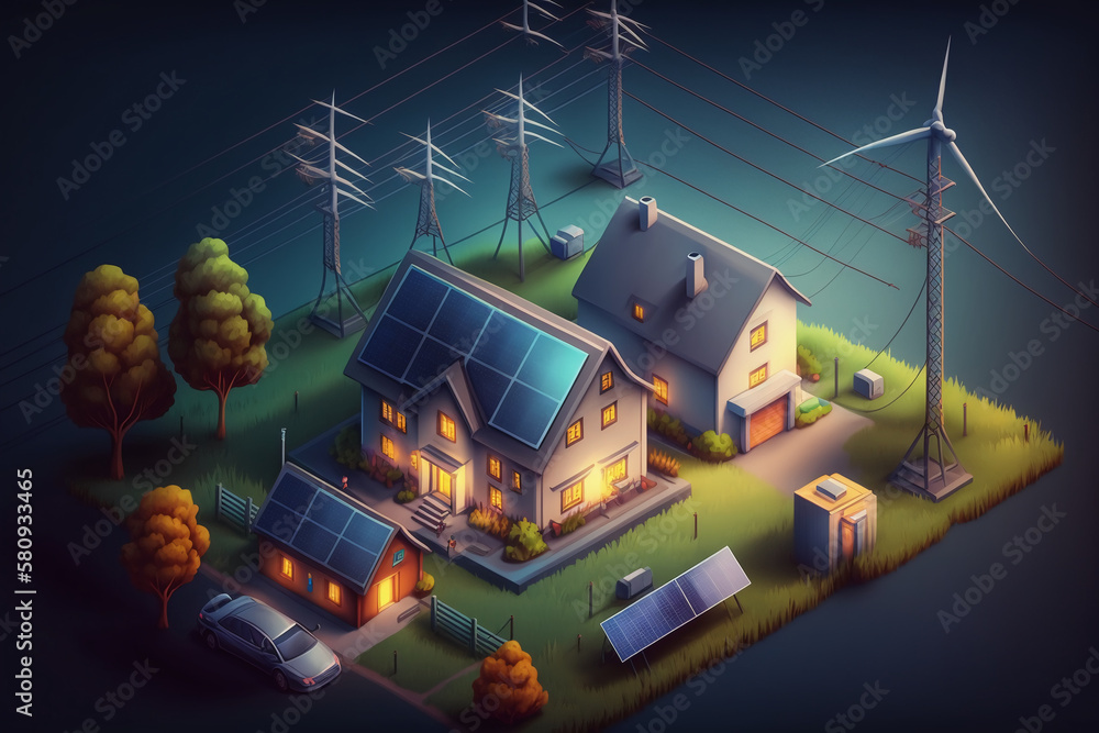 battery energy storage with house photovoltaic solar panels plant, wind ...