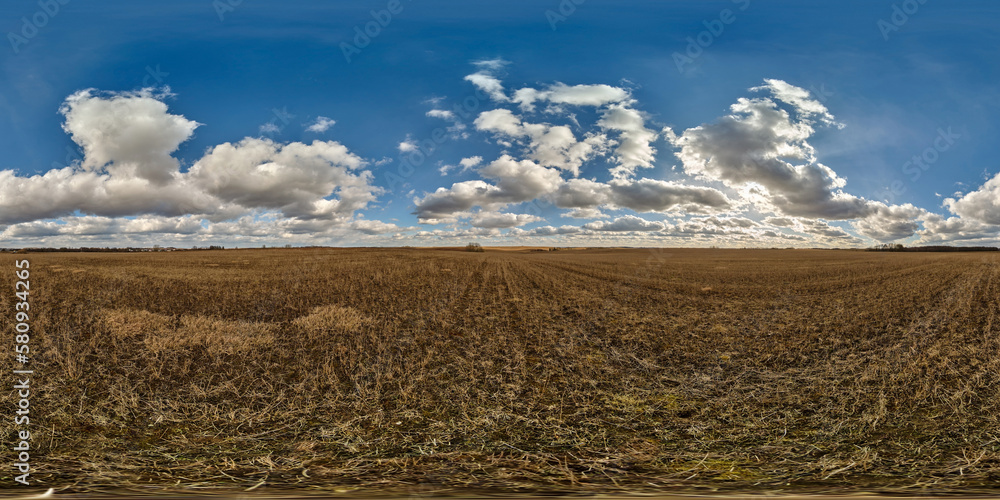 spherical 360 hdri panorama among farming field with clouds on blue sky ...