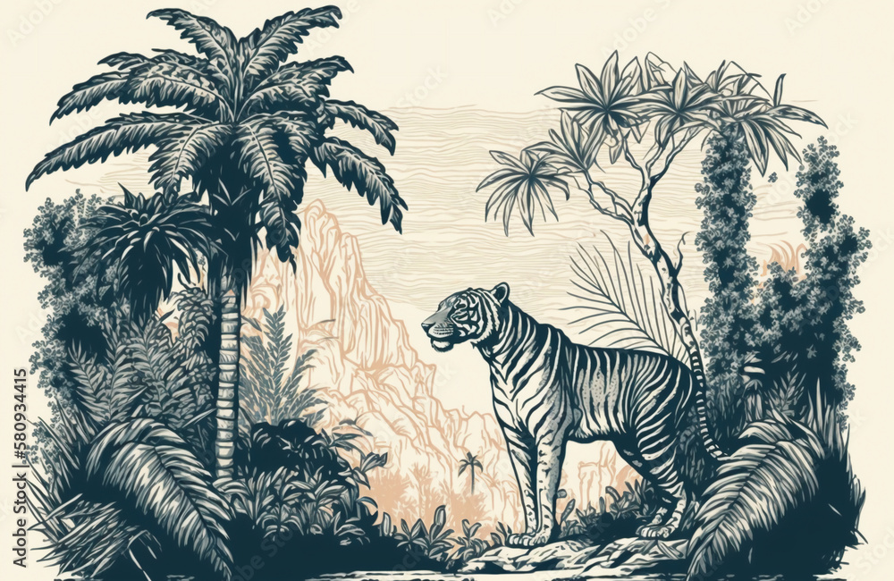 Wild tiger and exotic plants. Tropical trees. Eastern landscape. Exotic ...