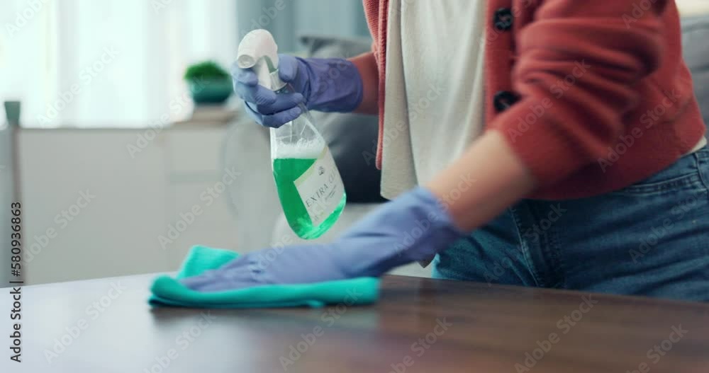 Spray, hands and woman cleaning table, furniture surface and ...