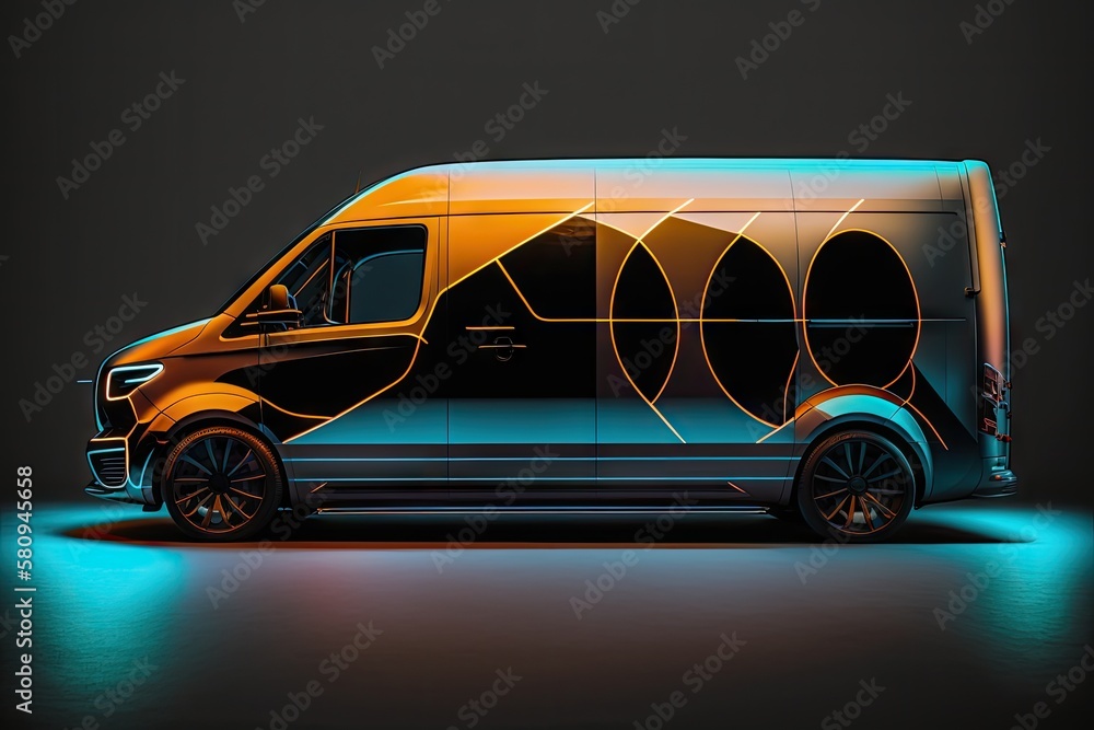 futuristic cargo van of future with tinted windows and illuminated ...