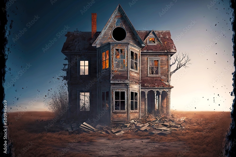 two-storey rustic abandoned house with destroyed windows and doors ...