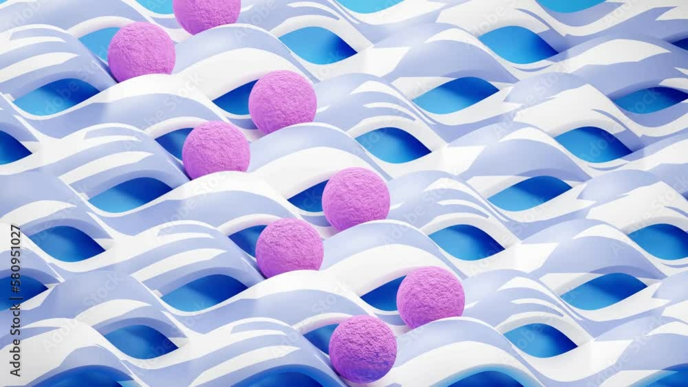 Enjoy looped video of pink 3D balls rolling on white stripes on a blue ...