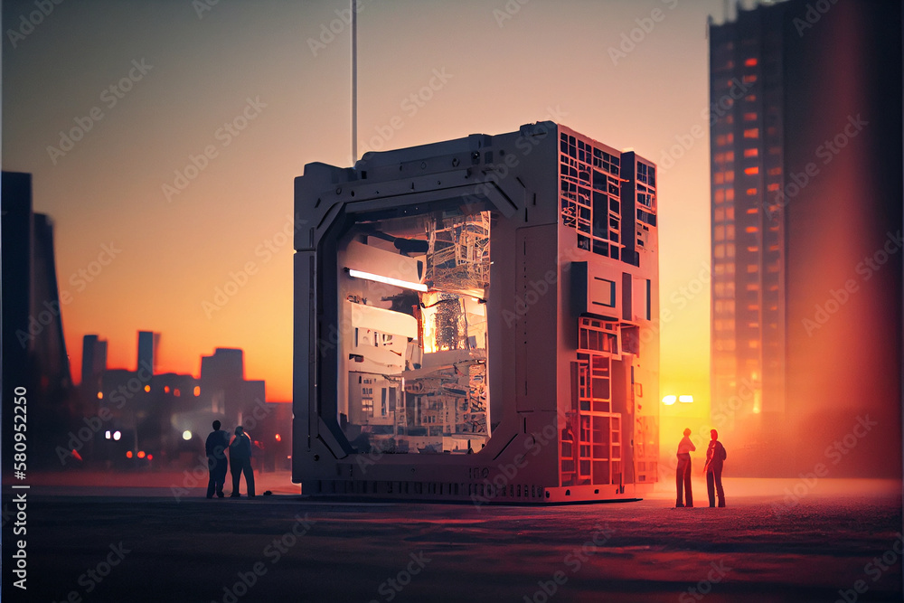 Construction workers building house with 3d printer. Industrial 3D ...